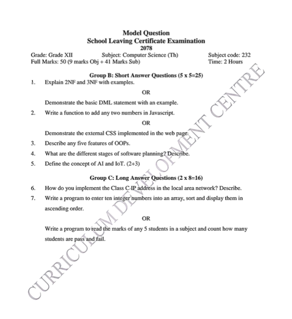 Class 12 computer science new grid and model question - Readersnepal