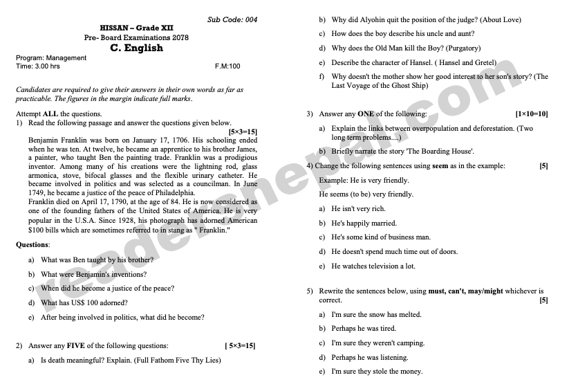 HISSAN Class 12 Pre-Board English exam question 2078 BS - Readersnepal
